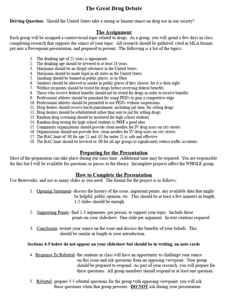 The Great Drug Debate Assignment Guide | PDF | Drugs | Cannabis (Drug)