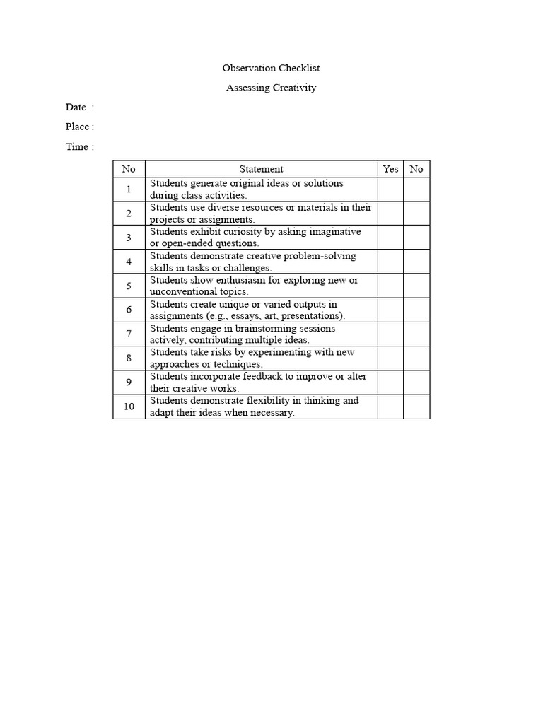 Observation Checklist Assessing Creativity | PDF