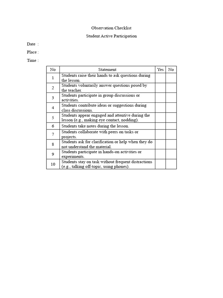 Observation Checklist Student Active Participation | PDF