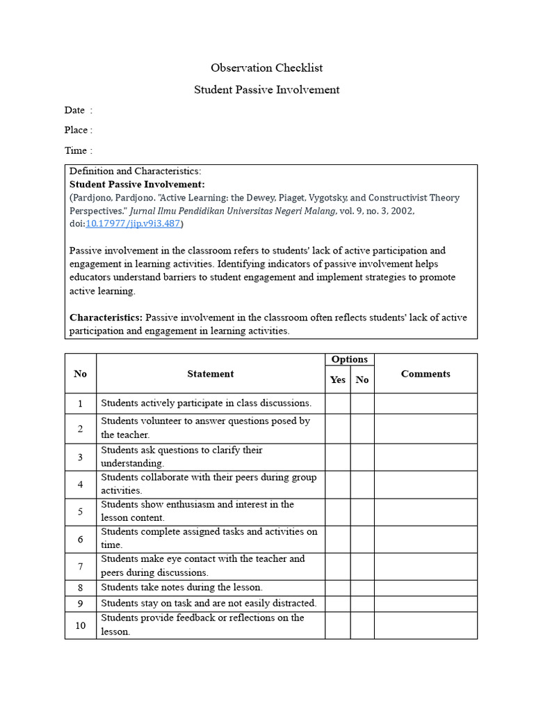 Observation Checklist Student Passive Involvement | PDF
