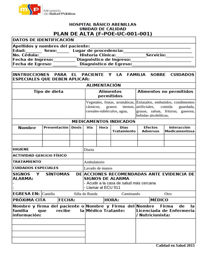Plan de Alta Hospitalaria Arenillas | PDF | Salud y bienestar