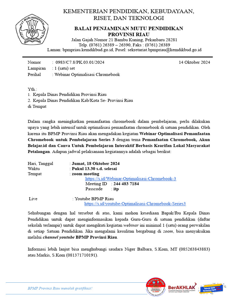 Surat Undangan Webinar OCB III (Kampar) | PDF