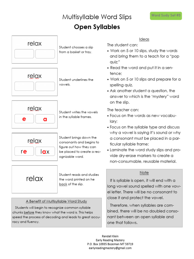 Multisyllable Word Study Slips Open Syllables | PDF | Syllable | Consonant