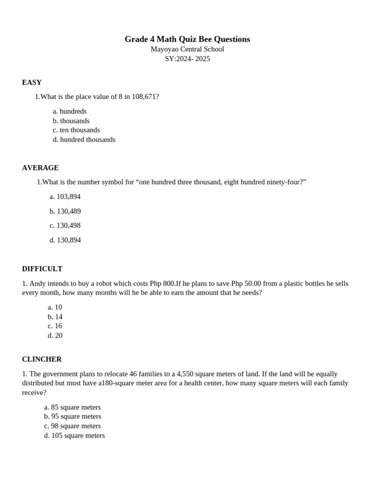 Grade 4 Math Quiz Bee Questions - 034757 | PDF