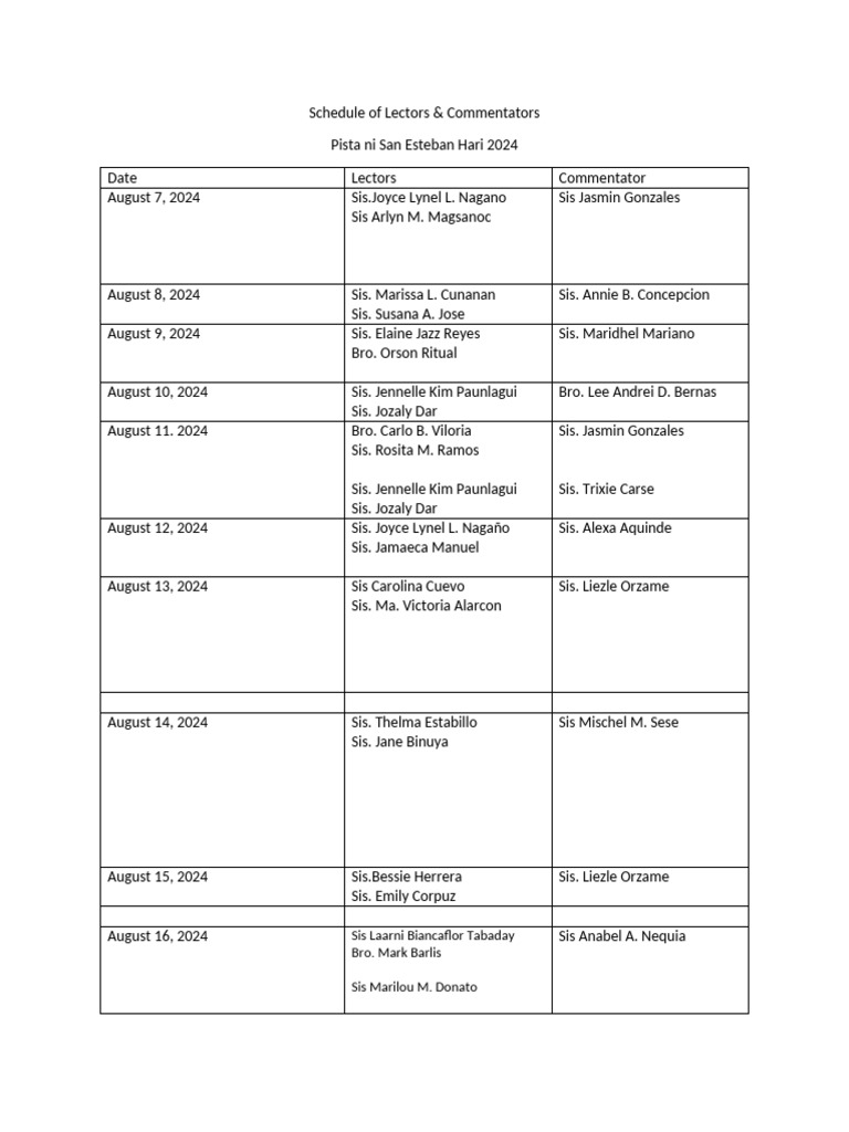 2024 Lectors & Commentators Schedule | PDF