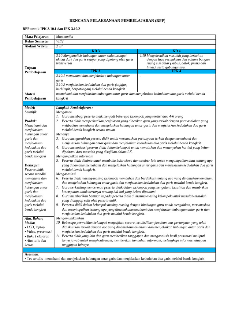 3 RPP MTK 7 Baru Sudut Dan Garis - WWW - Kherysuryawan.id | PDF