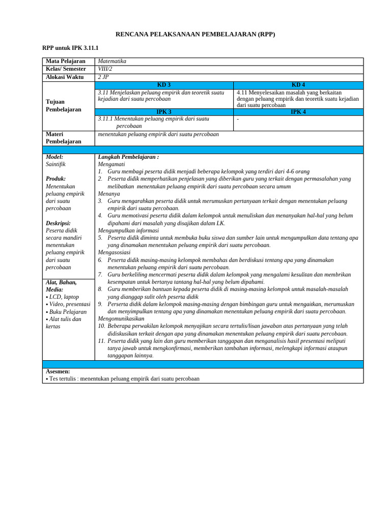 RPP MTK 8 Baru Peluang - WWW - Kherysuryawan.id | PDF | Sains & Matematika