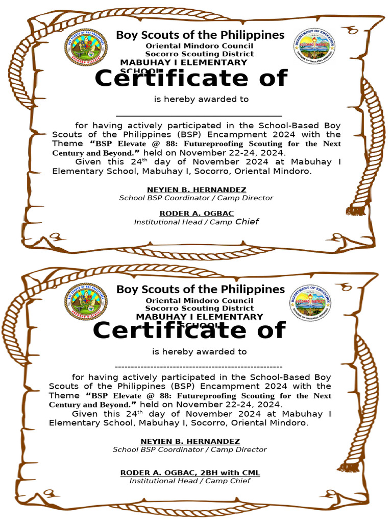 BSP Encampment 2024 Participation Certificate | PDF