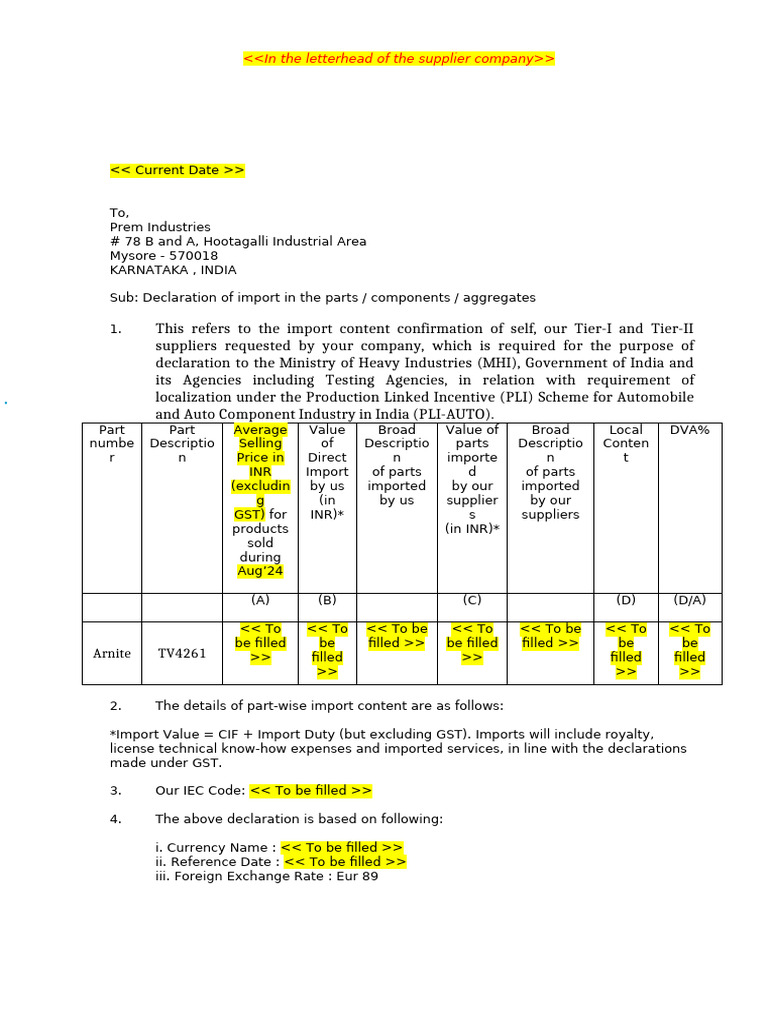 Import Content Declaration - Prem Industries (Envilaor) | PDF | Foreign Exchange Market | Business