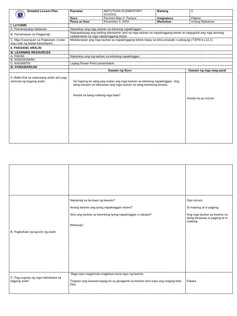 Detailed Lesson Plan in Filipino | PDF