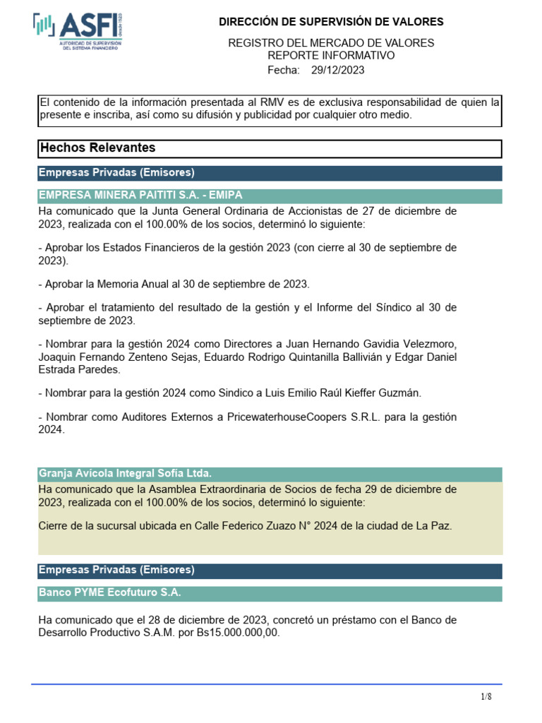 Reporte Informativo ASFI Al 29 12 2023 | PDF | Bolsa | Bolsa de Valores