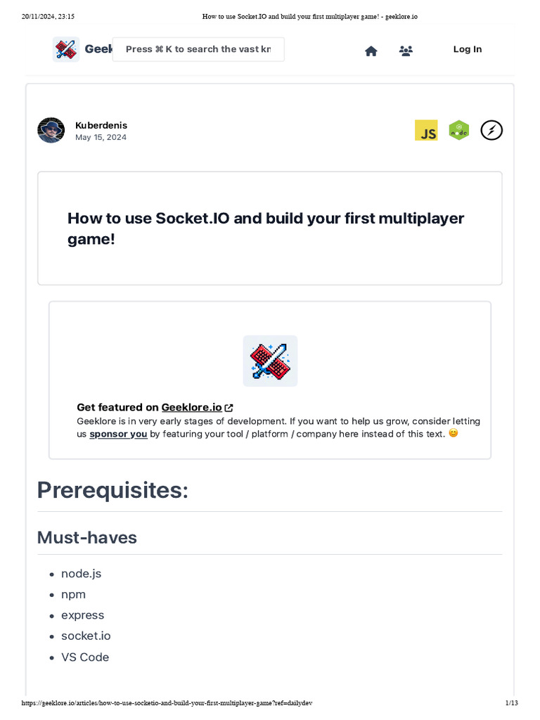 How To Use Socket - IO and Build Your First Multiplayer Game! - Geeklore - Io | PDF | Computing ...