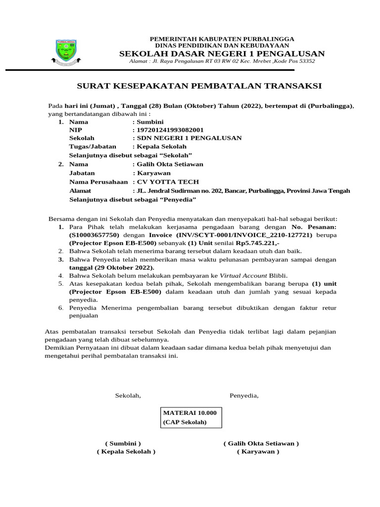 Surat Pembatalan Transaksi Sekolah | PDF