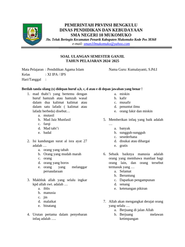 Soal Kumala Xi Ganjil 2024, 2025 | PDF