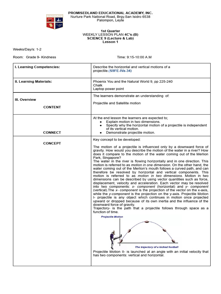 Science 9 Projectile Motion Lesson Plan | PDF | Physical Quantities ...
