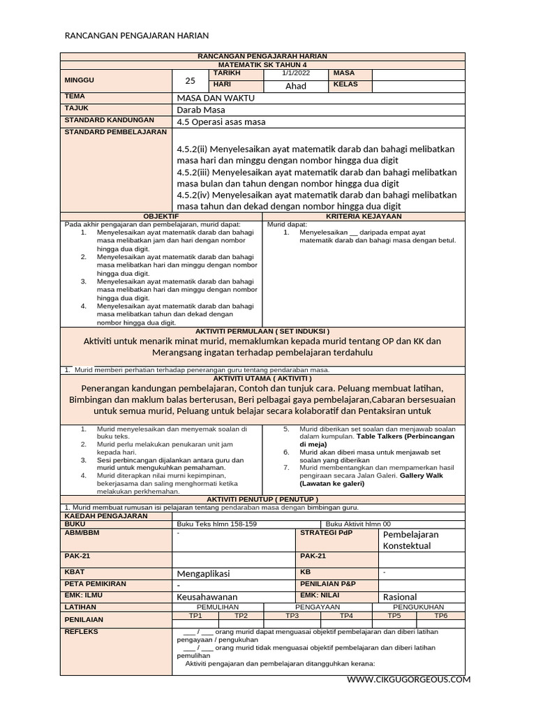 RPH Minggu 25 Matematik THN 4 by Cikgu Gorgeous | PDF