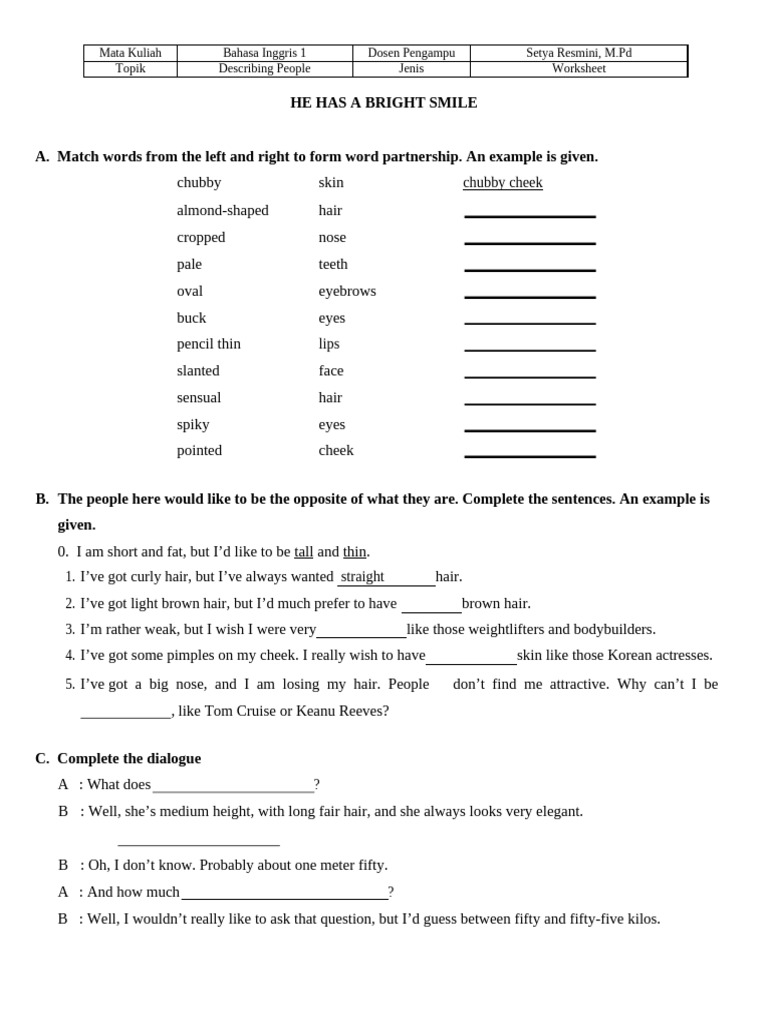 Describing People Worksheet | PDF