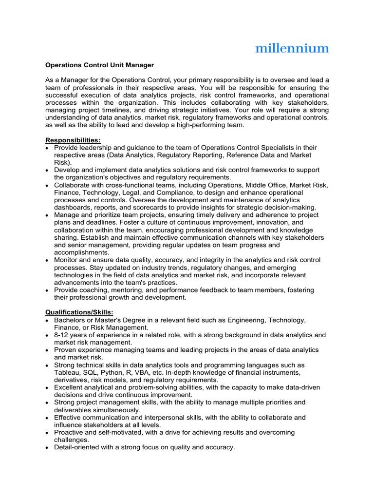 Operations Control Unit Manager Role | PDF | Analytics | Business