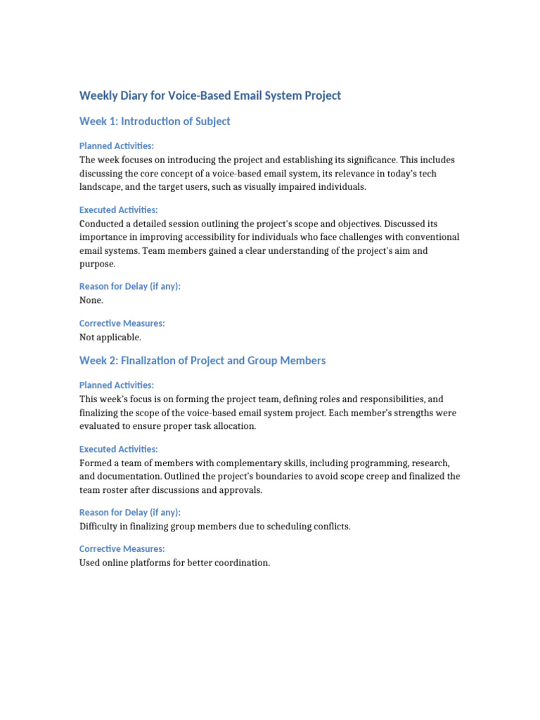 Weekly Diary Voice Email System | PDF