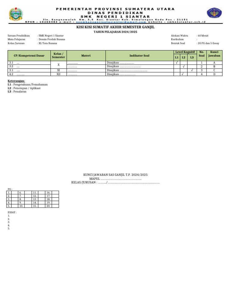 Format Kisi-Kisi Sas Ganjil 2024 | PDF
