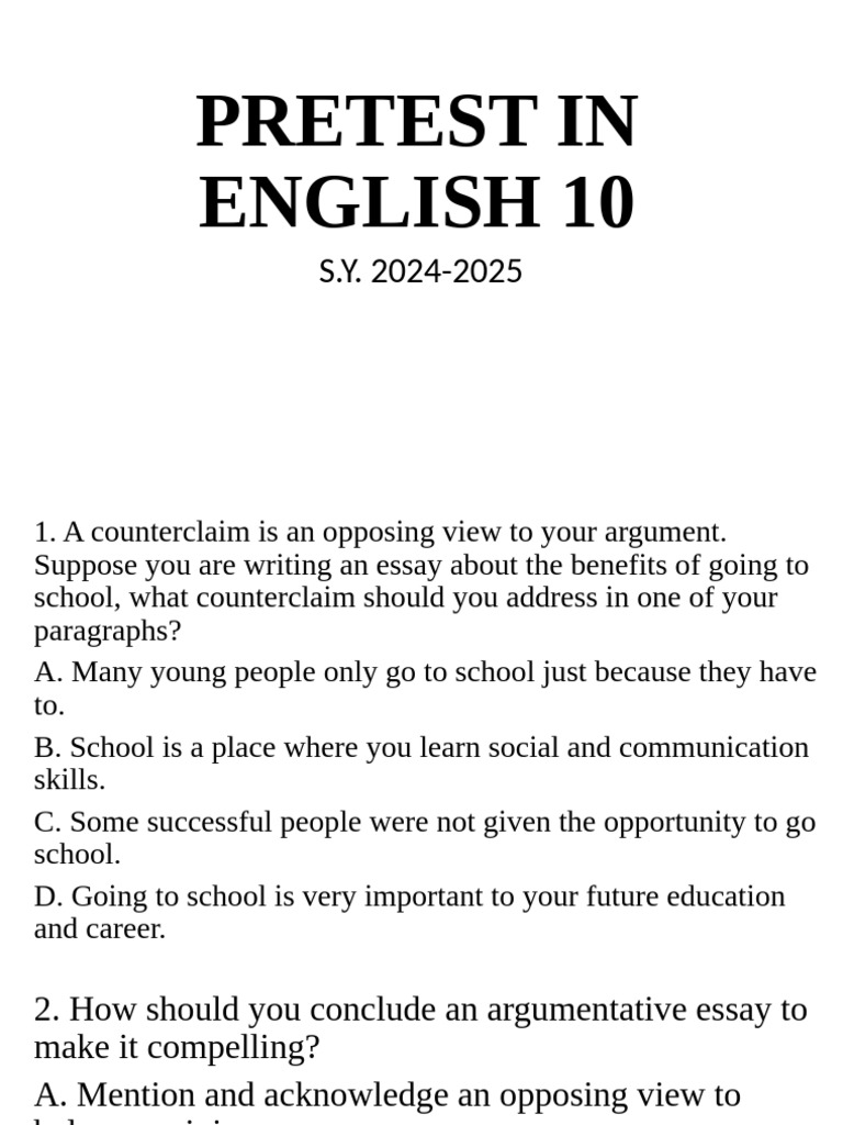Pretest in English 10 | PDF