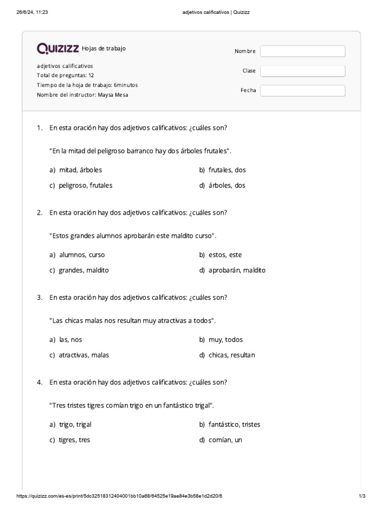 Ejercicios sobre Adjetivos Calificativos | PDF | Adjetivo