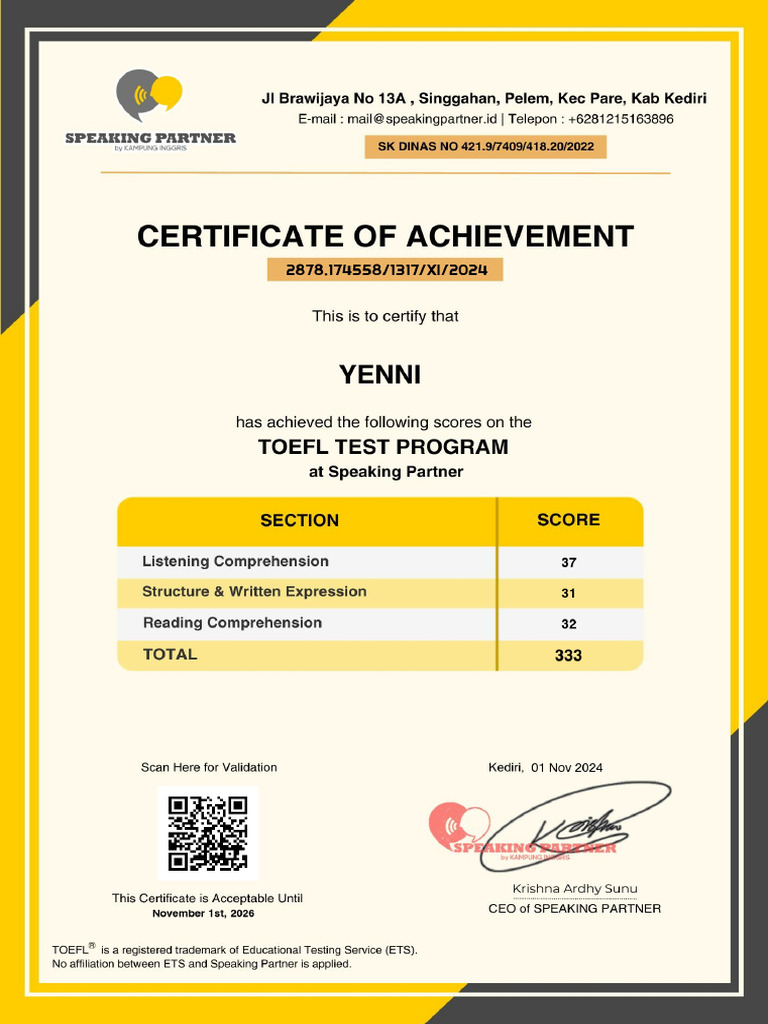 Sertifikat Toefl | Pdf