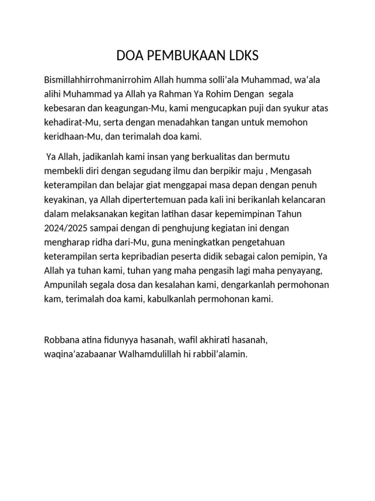 Doa Pembukaan LDKS | PDF