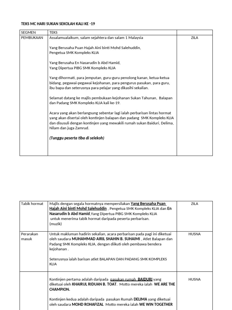 Teks MC Hari Sukan Sekolah Kali Ke 16 | PDF