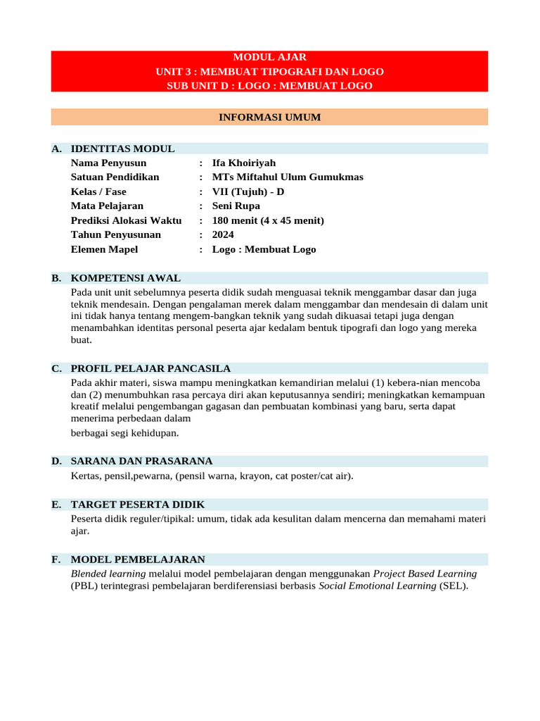 Modul Ajar Kelas 7 SMP Seni Rupa - Unit 3 - D | PDF