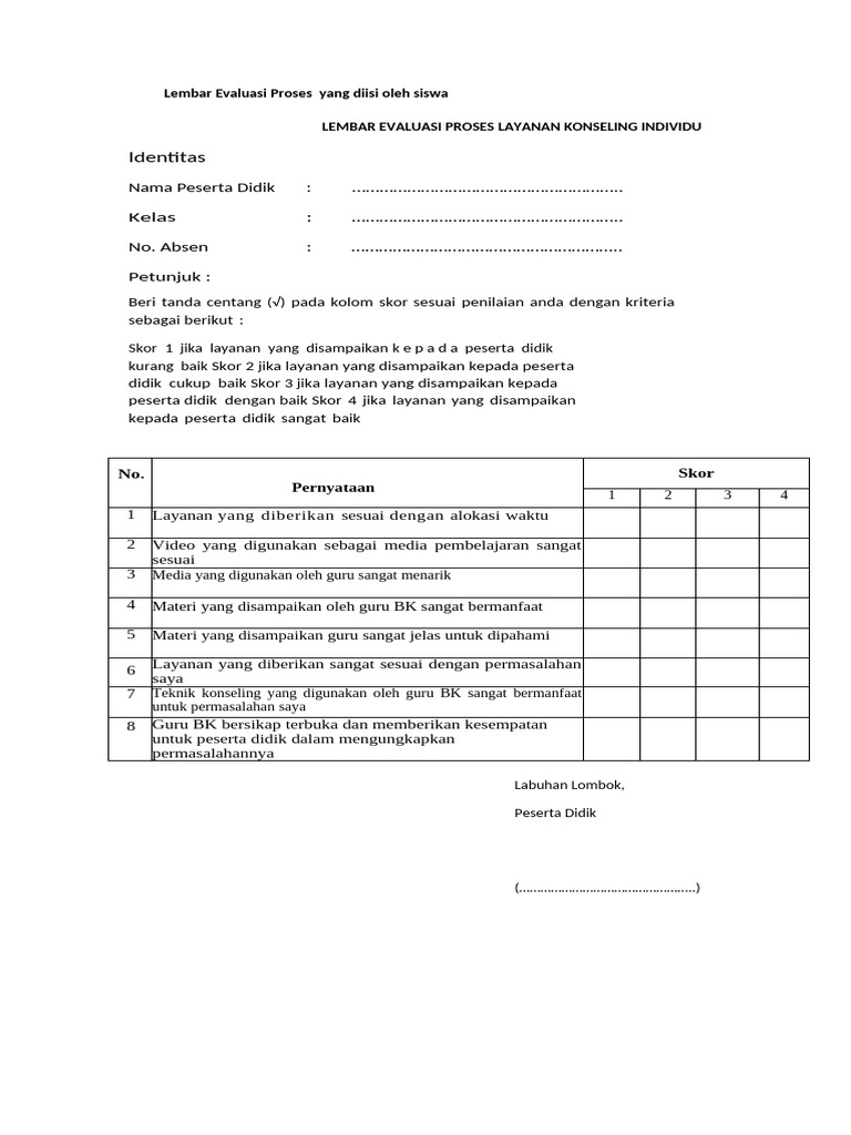 Lembar Evaluasi Proses Yang Diisi Oleh Siswa | PDF