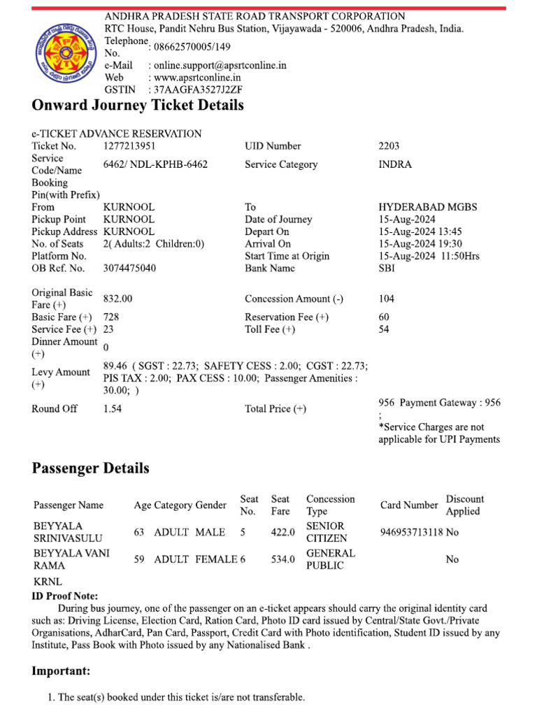 Hyderabad Bus Ticket | PDF
