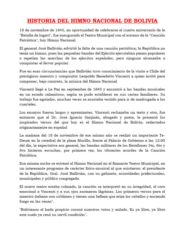 Historia Del Himno Nacional de Bolivia | PDF | Bolivia