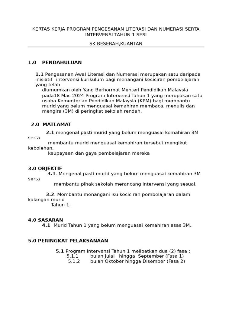 KERTAS KERJA PROGRAM Intervensi Tahun 1 | PDF