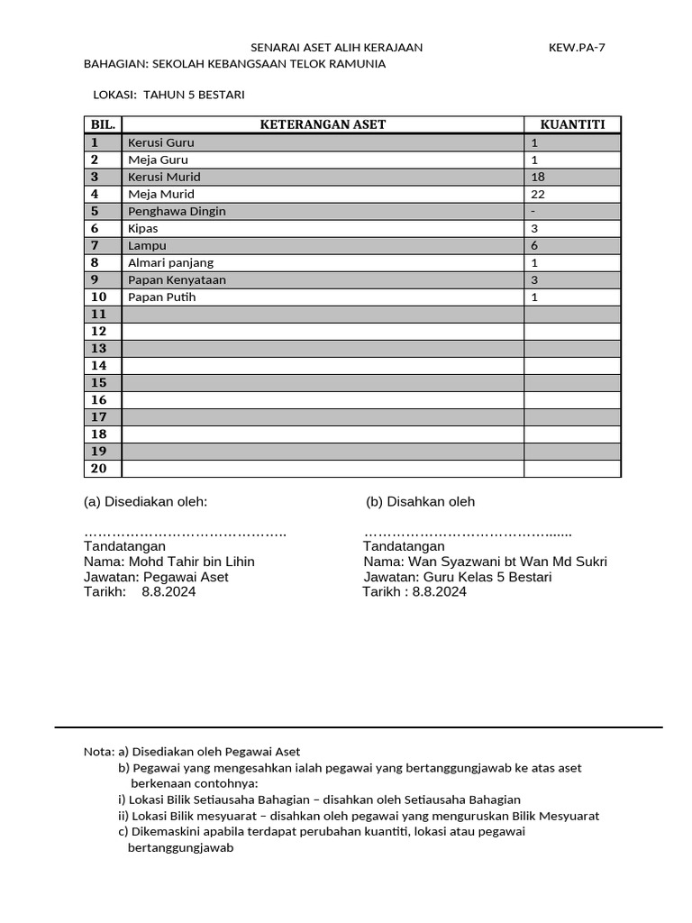 Borang Inventori Bilik | PDF