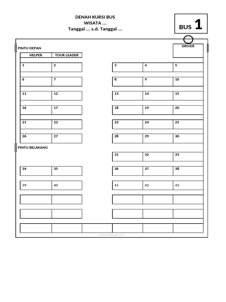 Denah Kursi Bus Seat 2 3 Pintu Tengah 59 Kursi File Word | PDF