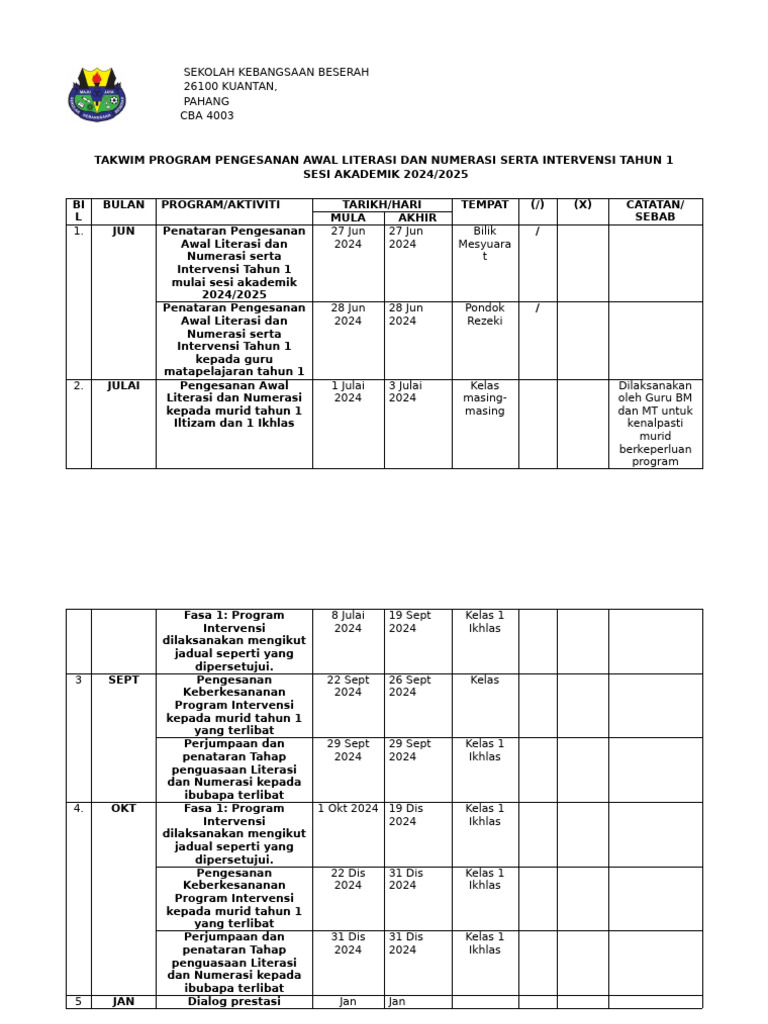 Takwim Pelaksanaan | PDF