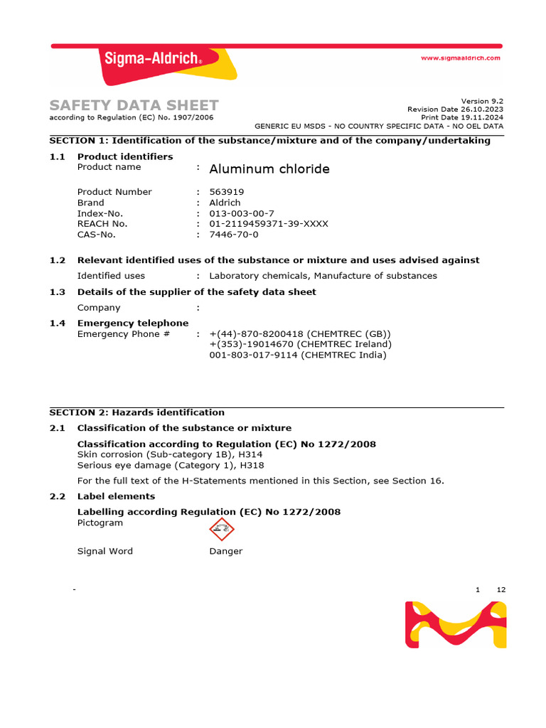 SDS (MERCK) Aluminum Chloride | PDF | Toxicity | Occupational Safety ...