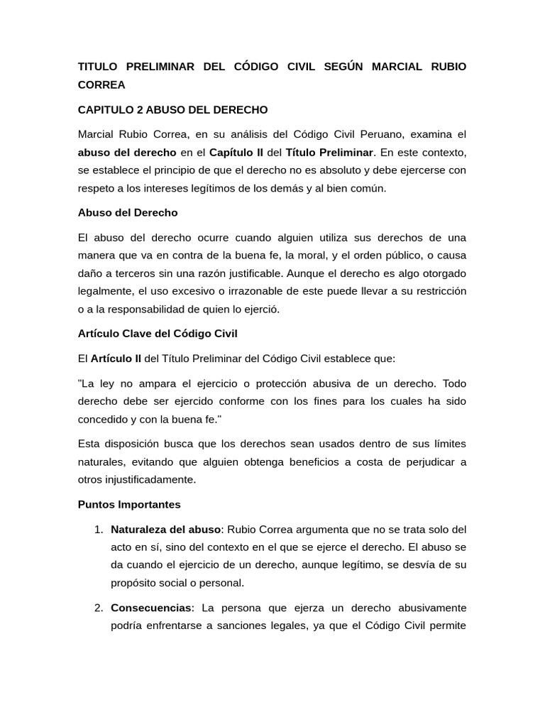 TITULO PRELIMINAR DEL CÓDIGO CIVIL SEGÚN MARCIAL RUBIO CORREA Capitulo 2 | PDF | Justicia ...