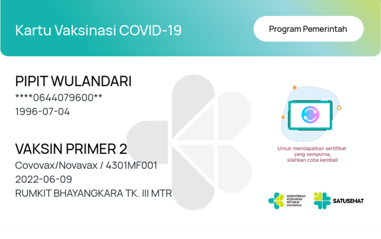 Sertifikat Vaksin Dosis 2 Pipit 612 | PDF