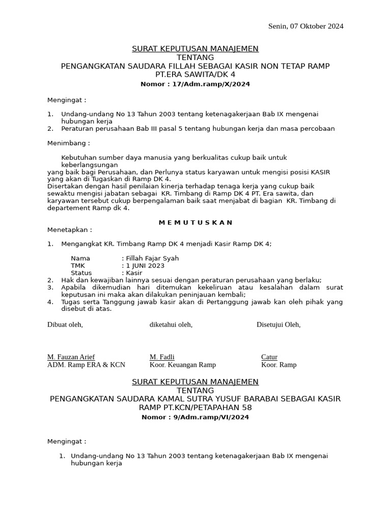 SURAT KEPUTUSAN Penaikan Jabatan Karyawan Ramp | PDF SURAT KEPUTUSAN Penaikan Jabatan Karyawan Ramp | PDF