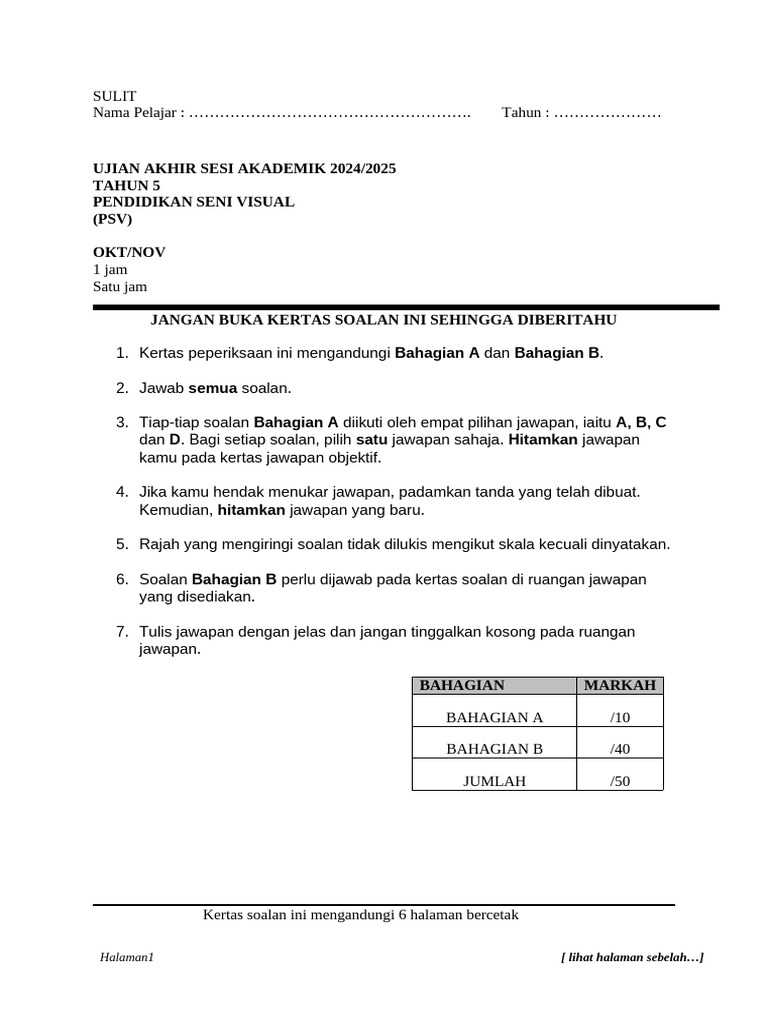 Uasa PSV THN 5 Set 1 2024 2025 by Cikgu Gorgeous | PDF