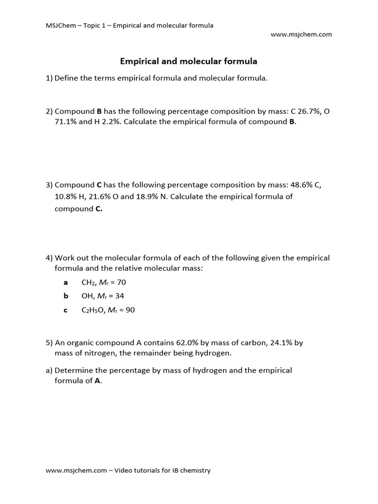 Topic 1 Empirical and Molecular Formula | PDF | Molecules | Chemical ...