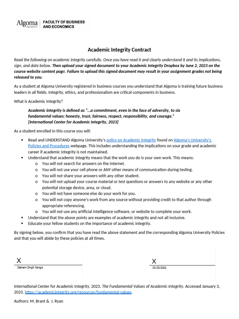 Student Academic Integrity Contract | PDF | Academic Integrity | Integrity