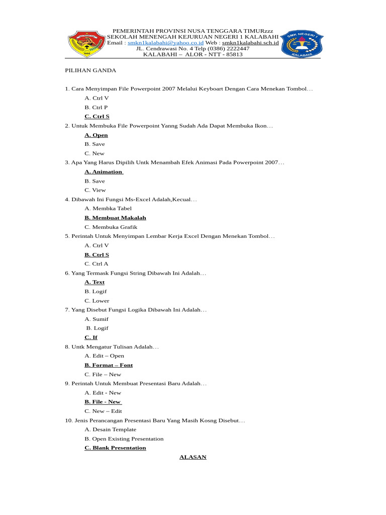 Kuis PowerPoint & Excel SMKN 1 Kalabahi | PDF | Metode & Bahan Ajar