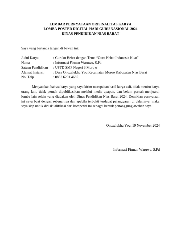 Format Surat Orisinalitas Karya | PDF | Karier & Perkembangan