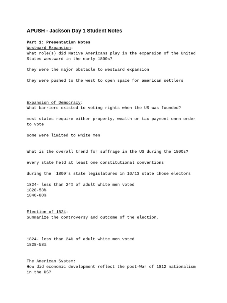 APUSH - Jackson Day 1 Student Notes | PDF | Elections | The United States