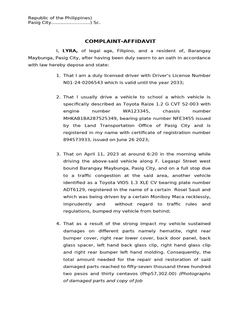 COMPLAINT AFFIDAVIT | PDF | Traffic Collision | Transport
