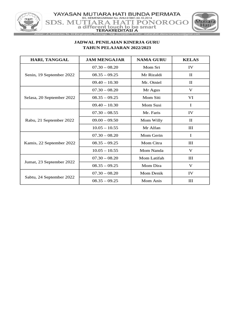 Jadwal Penilaian Kinerja Guru | PDF