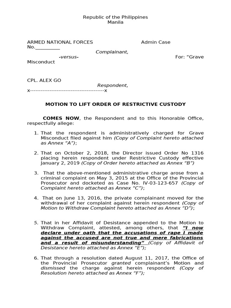 Motion to Lift Restrictive Custody Order | PDF | Complaint | Judiciaries